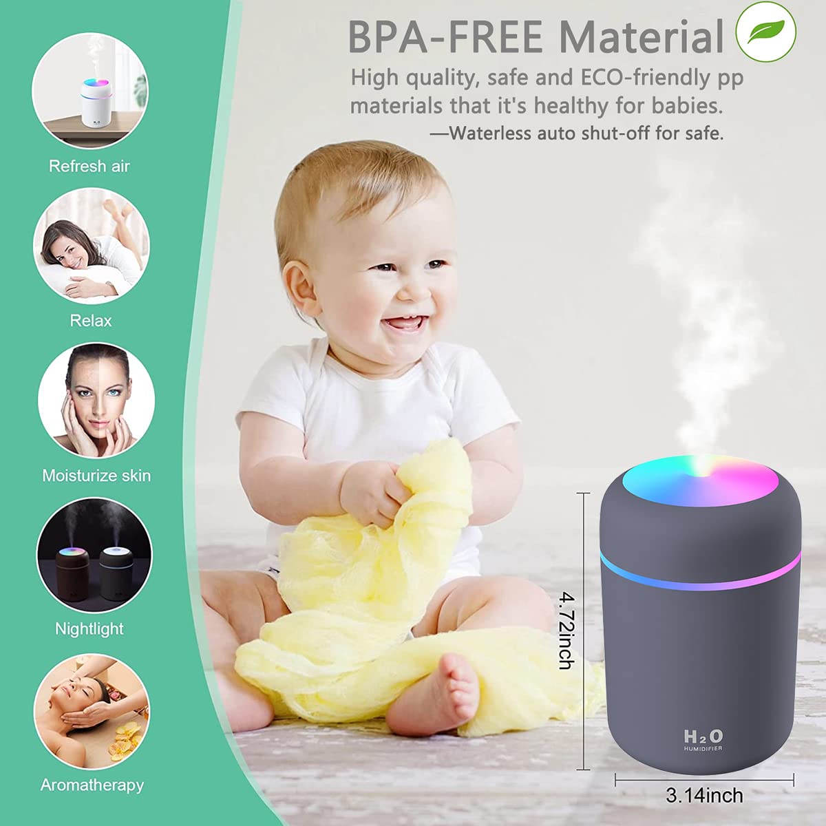 Gekestory Colorful Cool Mini Humidifier, Aromatherapy Essential Oil Diffusers, Cool Mist Humidifiers, Aroma USB Personal Desktop Humidifier for Bedroom, Car, Office. 2 Modes, Super Quiet (300ml Navy)