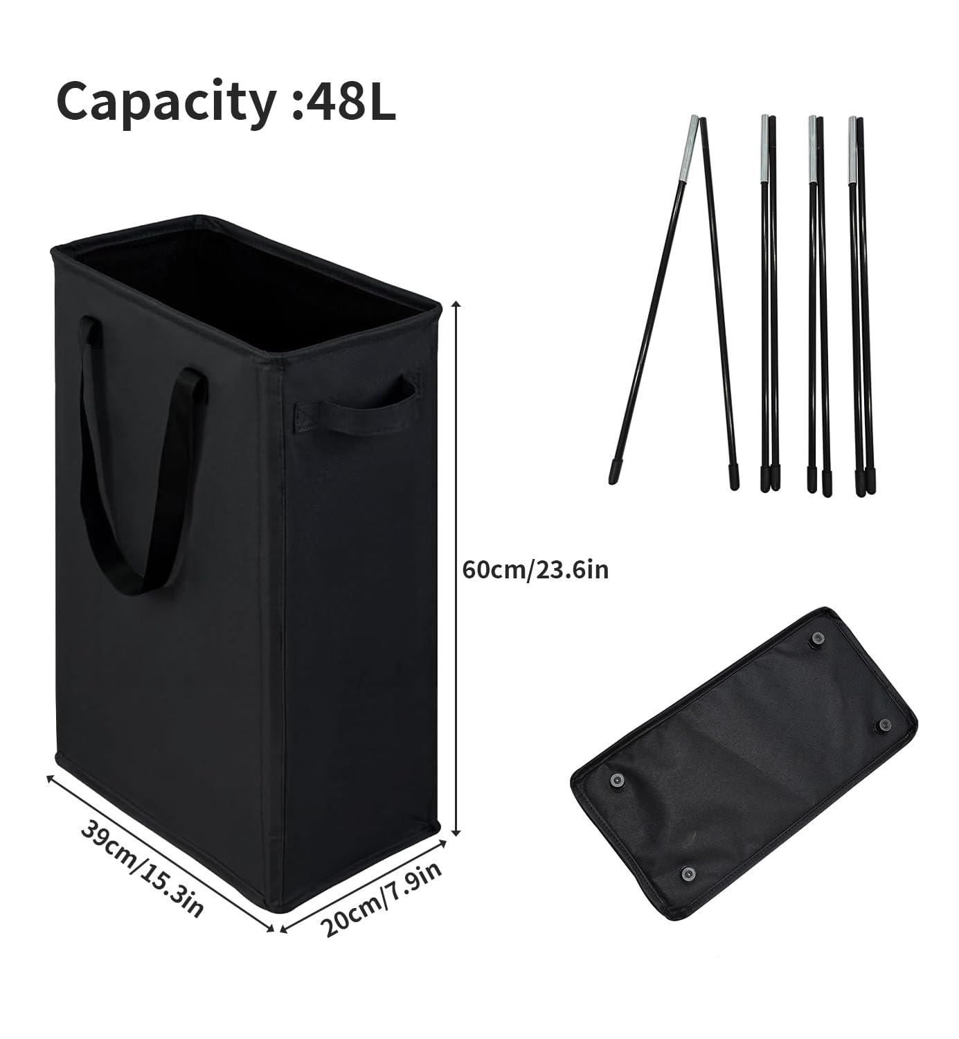 HMFULE Narrow Laundry Basket, Slim Laundry Hamper with Handle,Portable Storage Hamper 48L Foldable for Laundry Room, Dorm and Bedroom (Black)
