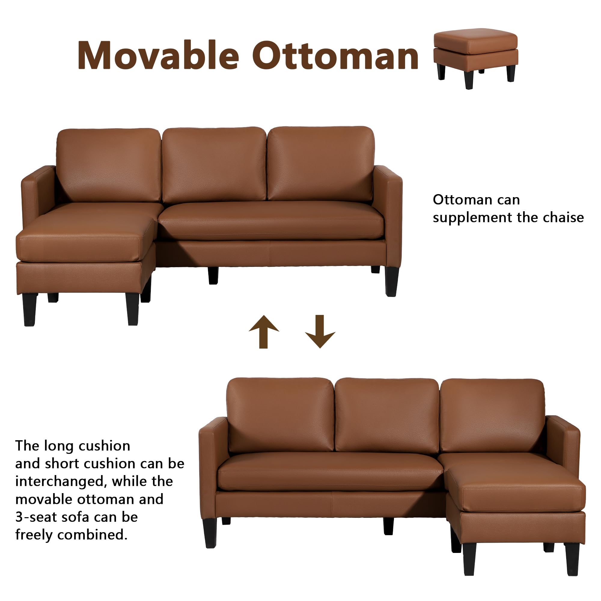 LETATA Sectional Sofa, Faux Leather Mid-Century Modern Reversible Couch, 3-Seat L Shaped Sofa Couch with Chaise for Living Room, Apartment and Small Space (Orange Brown)