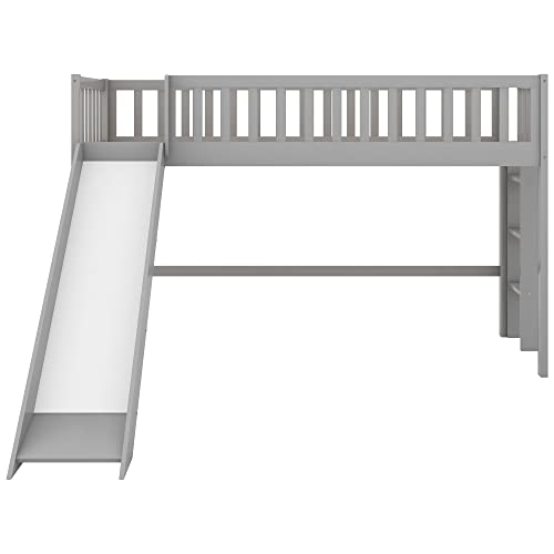 TARTOP Low Loft Bed with Slide, Wood Twin Size Loft Bed Frame with Ladder and Guardrails for Kids, Toddlers, Teens, No Box Spring,Gray