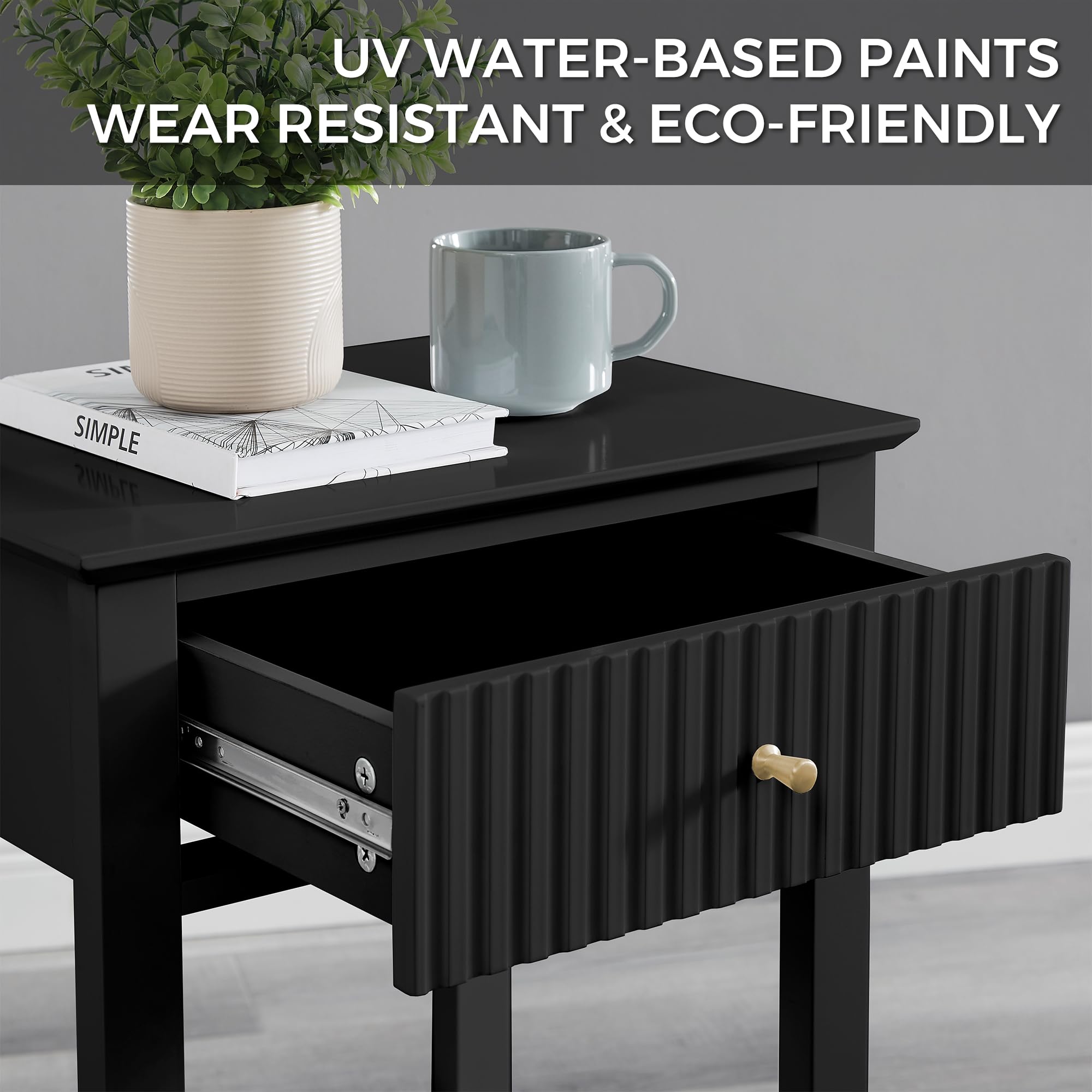 OCANDO Fluted Black Nightstand, 1 Drawer Bedroom 19β Night Stand, Small Bed Side End Table with Storage Shelf for Living Room, Sofa Couch