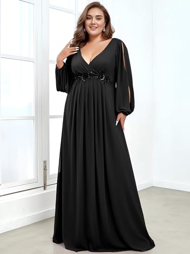 Ever-Pretty Plus Women's Plus Size A-line Floor-Length Long Sleeves V Neck Formal Party Dress Black US20