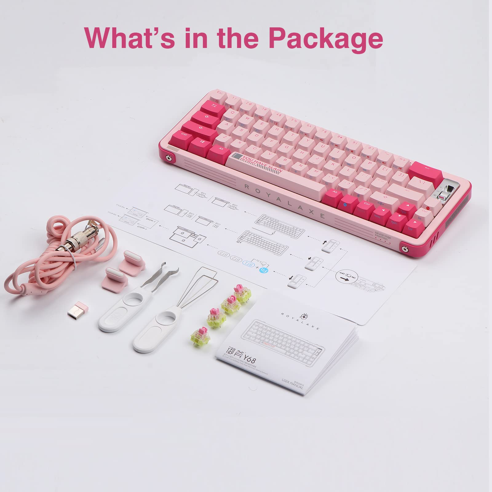 EPOMAKER Royalaxe Y68 NKRO RGB 65% Hot Swappable 2.4Ghz/Bluetooth/USB-C Wired Gaming Keyboard with Sound Absorption Silicon, PBT Double Shot Keycaps for Win/Mac/iOS/Gaming/Office(TTC Gold Pink V2)