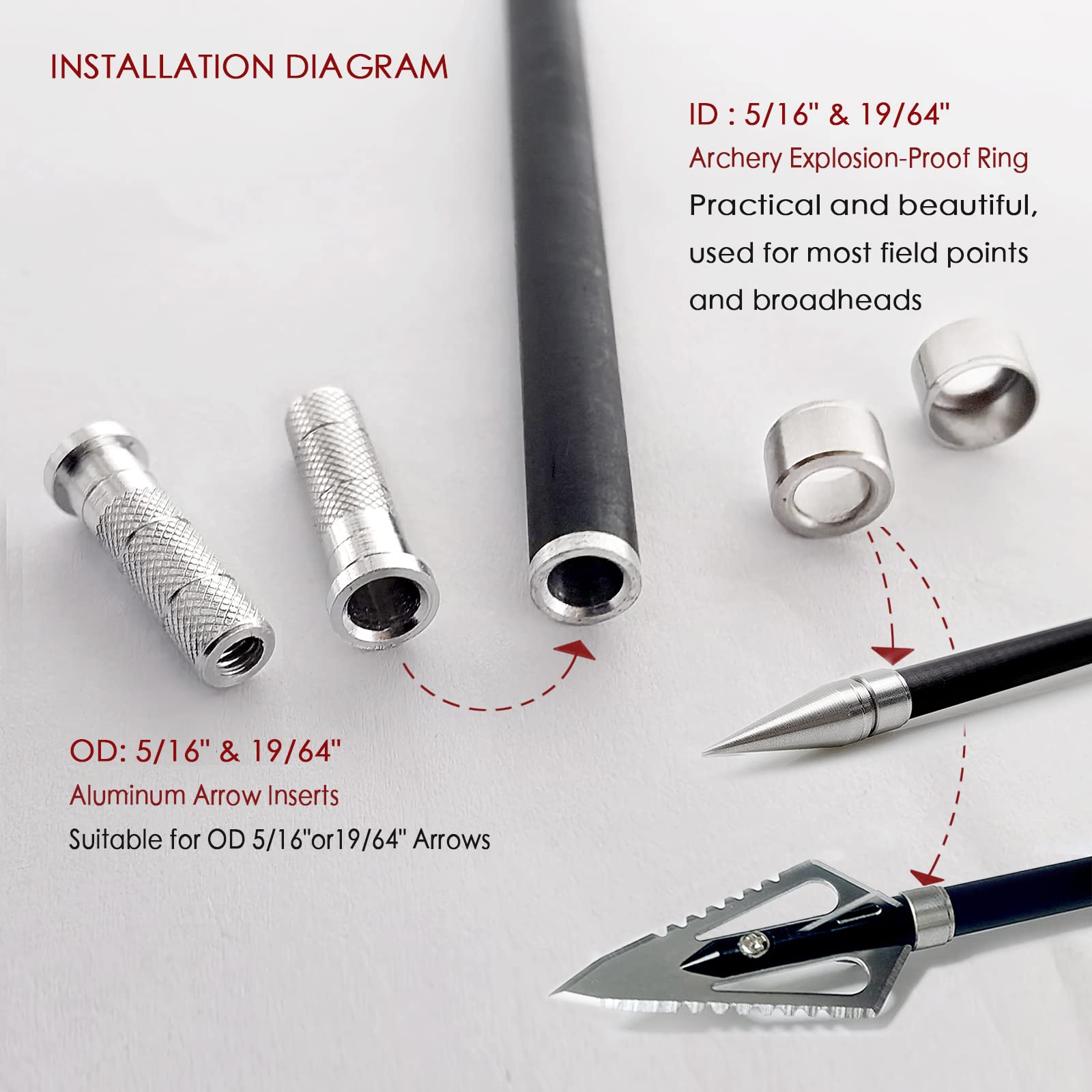 DIOLILI 12Pcs Archery Aluminum Inserts & 12Pcs Archery Arrow Shaft Protection Stainless Steel Explosion-Proof Ring for Hunting Bow Arrow Equipment Accessories