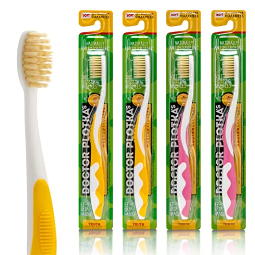 MOUTHWATCHERS Dr Plotkas Extra Soft Kids Toothbrushes Manual Flossing Toothbrushes | Ultra Clean Nano Toothbrushes | 4 Pack – 2 Yellow and 2 Pink Childrens Toothbrushes