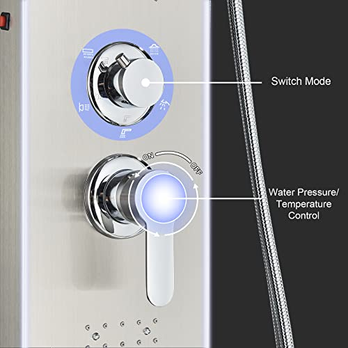 FCOTEEU Shower Panel Tower System,LED Rainfall Waterfall Shower Head LED Large Area Massage Jets Tub Spout,Stainless Steel Bathroom Shower Tower Column Brushed Nickel