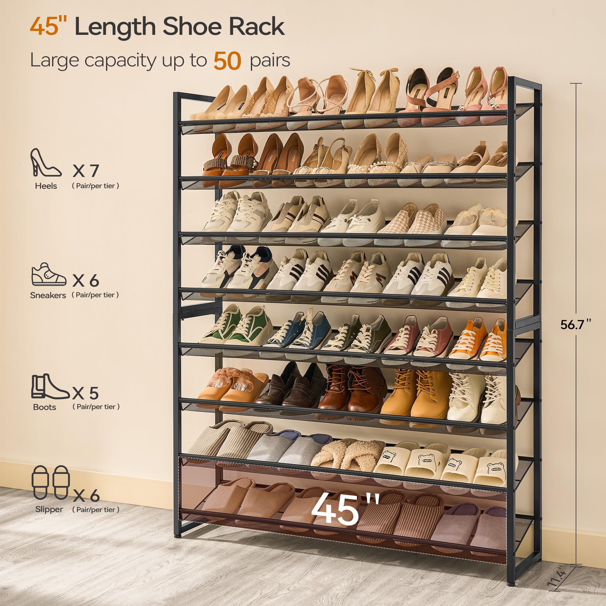 Nunsino 8 Tier Shoe Rack Organizer,Max Holds 50 Pairs,Metal Shoe Storage Shelf,4-Tier Stackable Shoes Organizer for Garage, Entryway, Black