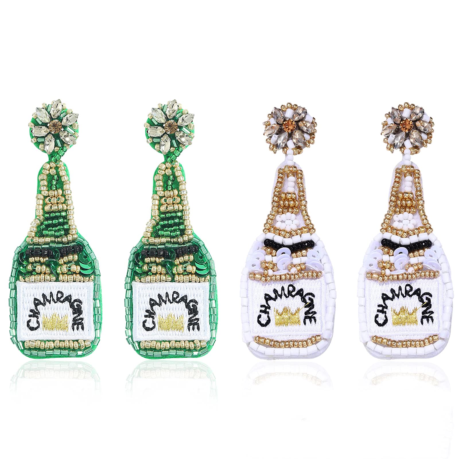 Dvacaman 2 Pairs Beaded Fun Champange Bottle Earrings Sets for Women Handmade Bead Champagne Bottle Sparkling Wine Drop Dangle Earring Statement Jewelry(Champagne pink & gold)
