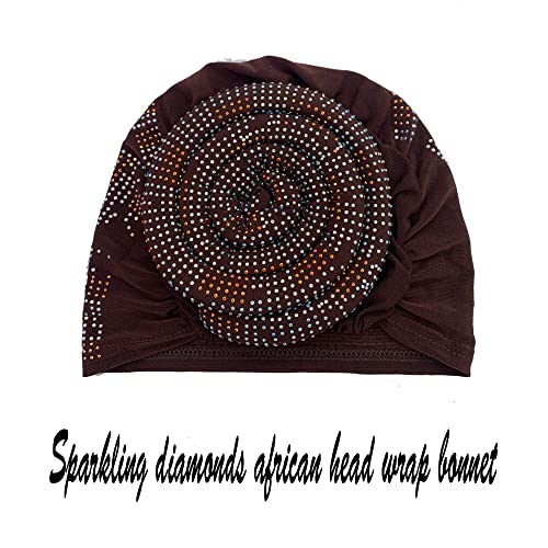 Full Body Shiny Rhinestone Women's Turban Cap Brathable African Wrap Head Bonnet Female Stretchy Muslim Under Hijab Hat (Coffee)