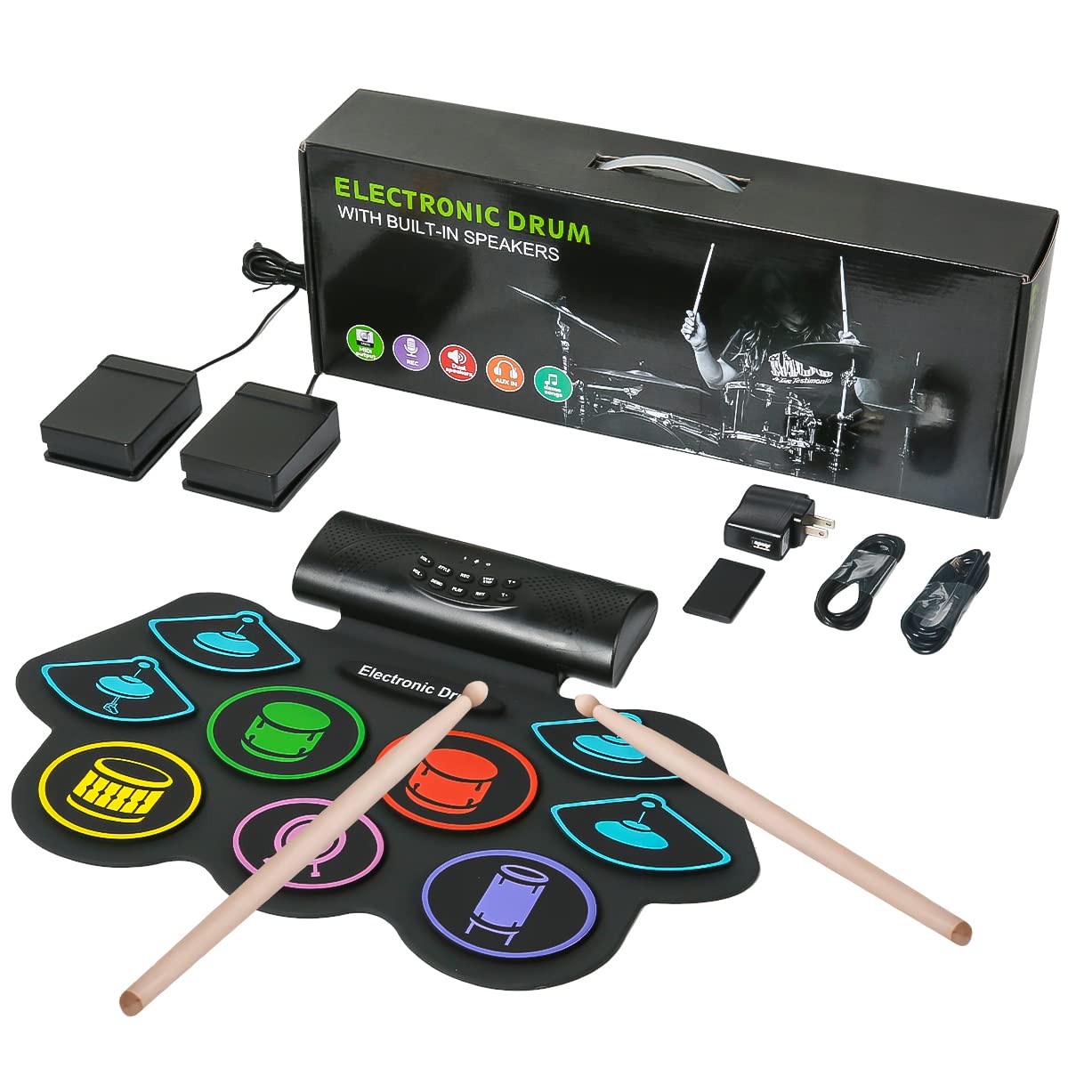 Forstree Electronic Drum Set(Cordless&Rechargeable), 9 Pads Roll-Up Digital Practice Drum Kit for Teens, Beginners, with Double Build-in Stereo Speaker, Drum Sticks, portable Gift for Kids, Christmas
