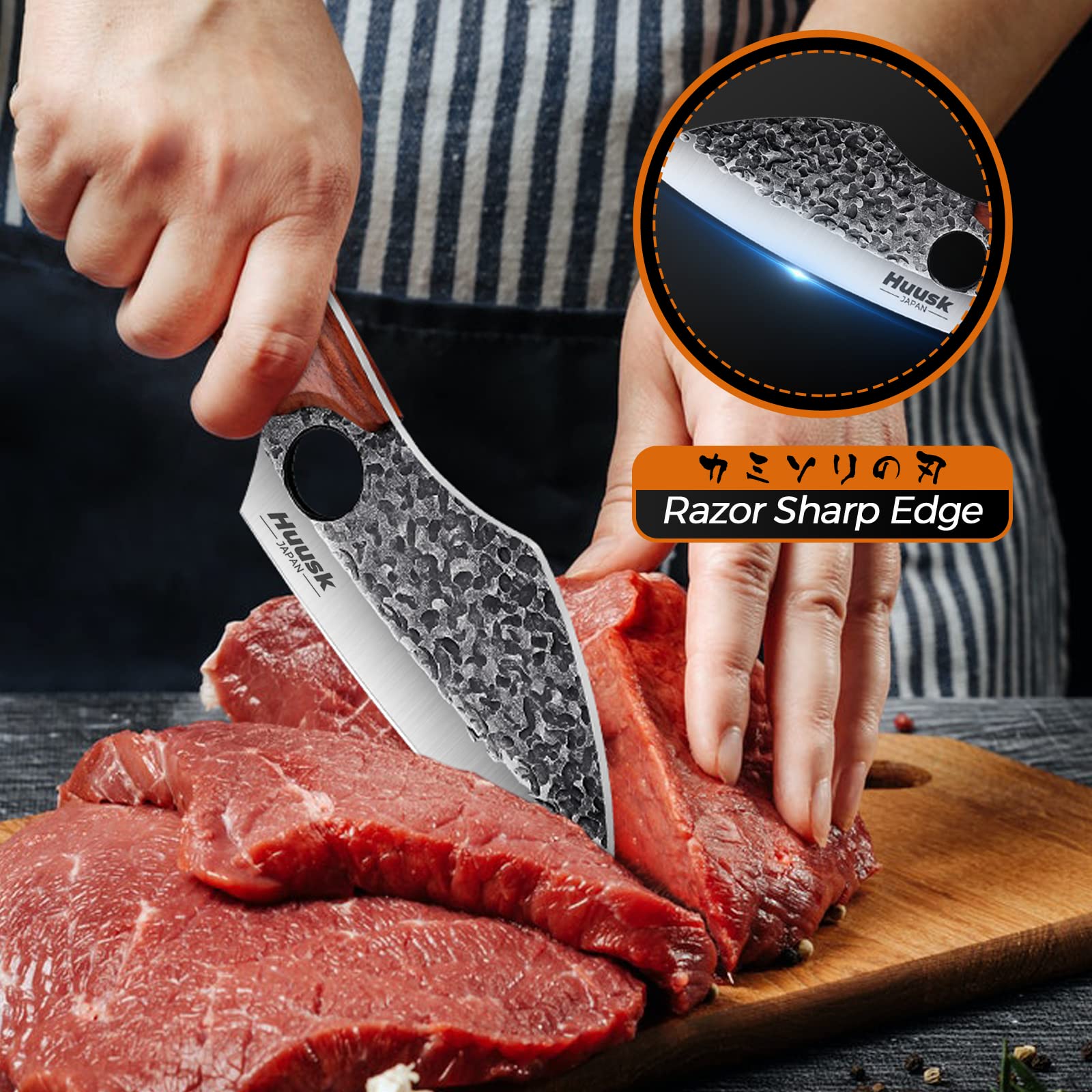 Huusk Chef Knives Set Hand Forged Meat Cleaver for Meat Cutting Boning Knife with Sheath Outdoor Grilling Camping Knives Set