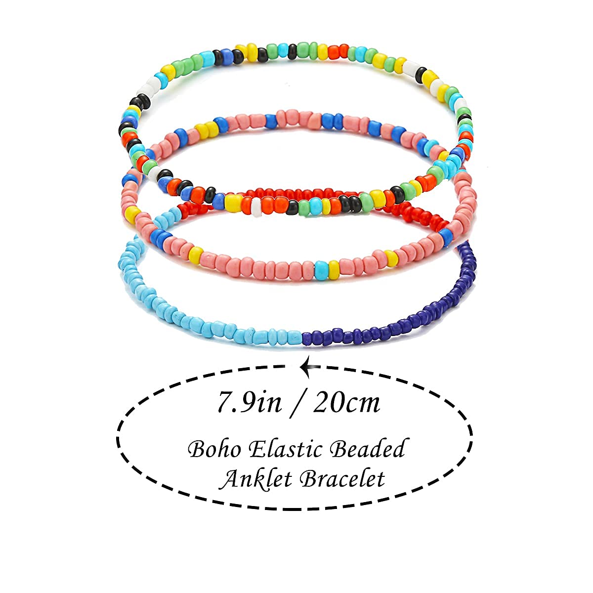 Dalinner 24Pcs Beaded Anklets for Women Handmade Boho Elastic Beaded Ankle Bracelets Set Colorful Anklets for Teen Cute Anklets