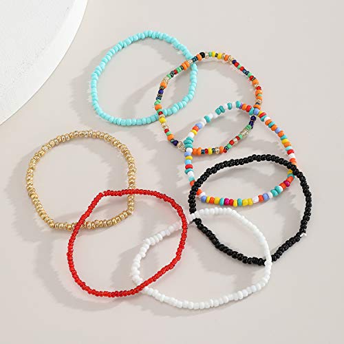 Xerling 7Pcs Bohemian Colorful Beaded Bracelets for Women Girls Aesthetic Beads Elastic Stretch Beaded Bracelet Set Multiple Layered Wrap Bangle Bracelet