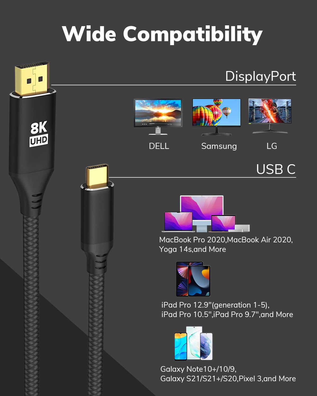 KELink USB C to DisplayPort Cable [8K@60Hz, 2K@240Hz], USB Type C to DP 1.4 Cable 6ft, [32.4 Gbps, Thunderbolt 3/4 Compatible] with MacBook Pro 2021/Air 2020, Mac Mini, iPad Pro, iMac, S20, XPS 15