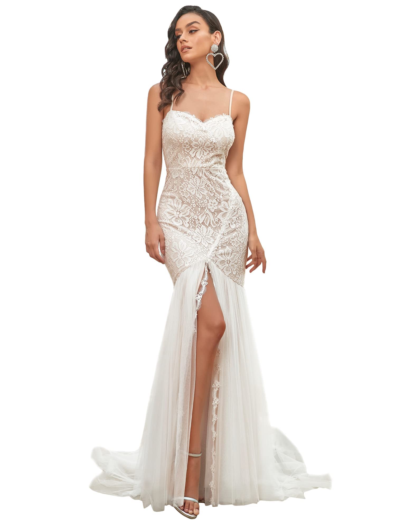 Ever-Pretty Womens Lace Floor Length Mermaid Bridal Gown with Long Train White US10