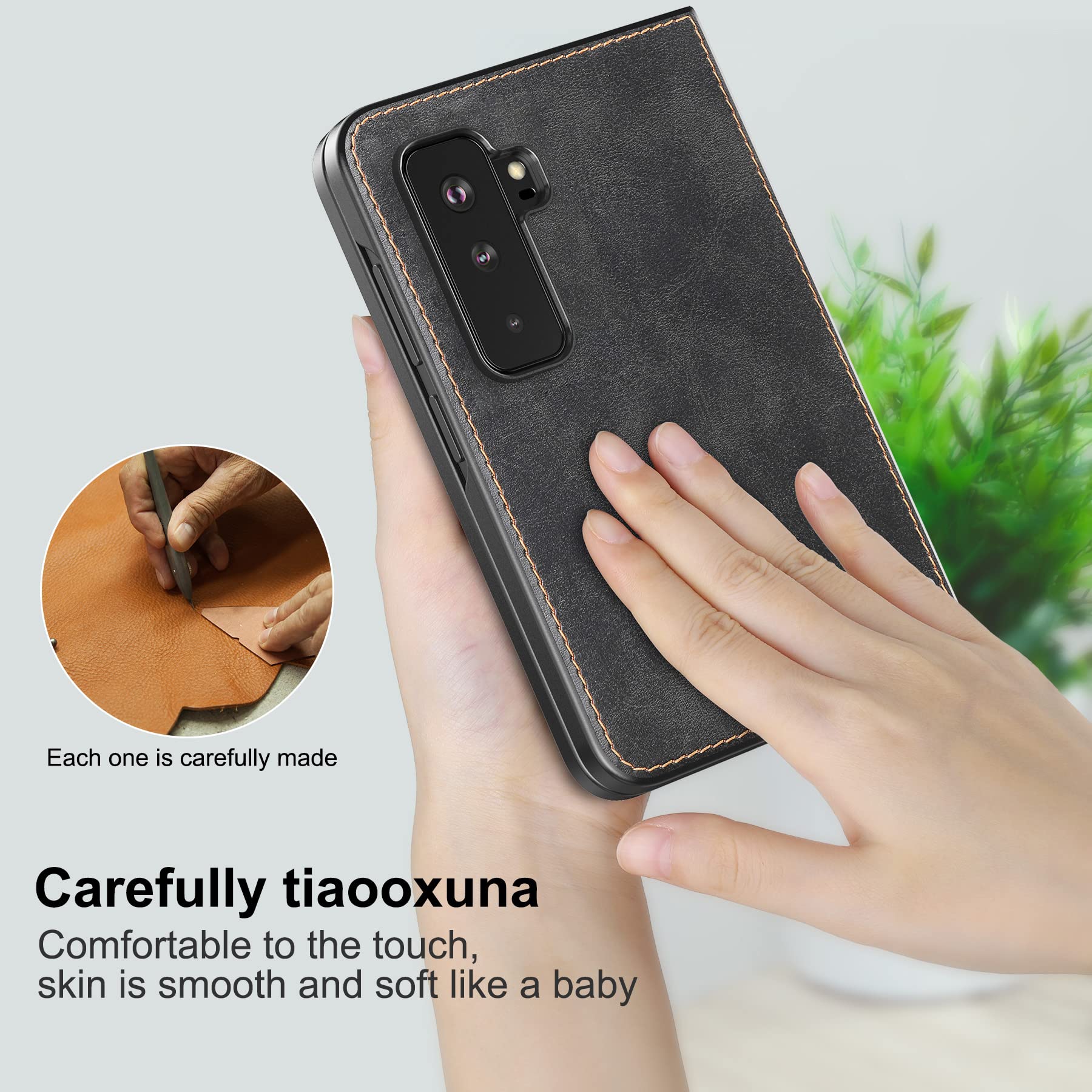 Foluu for Microsoft Surface Duo 2 Case, Surface Duo 2 Leather Case with Hand Strap, [Slim & Lightweight] PU Leather Back Cover Hard PC Holder Protective Phone Case for Microsoft Surface Duo 2 (Black)