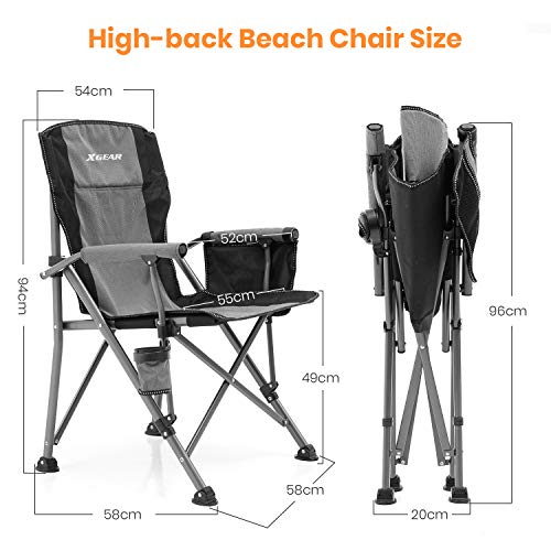 XGEAR Camping Chair with Padded Hard Armrest, Sturdy Folding Camp Chair with Cup Holder, Storage Pockets Carry Bag Included, Support to 400 lbs(Grey)