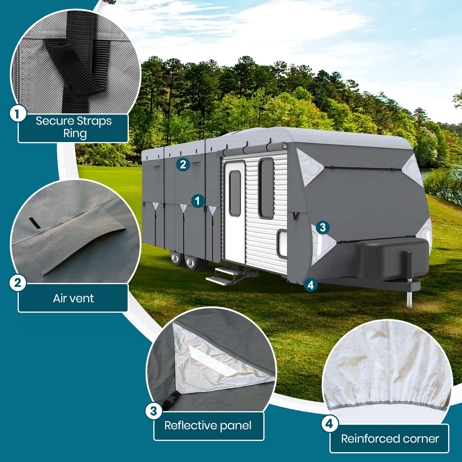 XGEAR RV Cover Travel Trailer Covers Fits 27'-30' Rv Trailer, Durable Premium Solar Shield Camper Cover with 4 Tire Covers, Repair Patches, 2 Extra Straps
