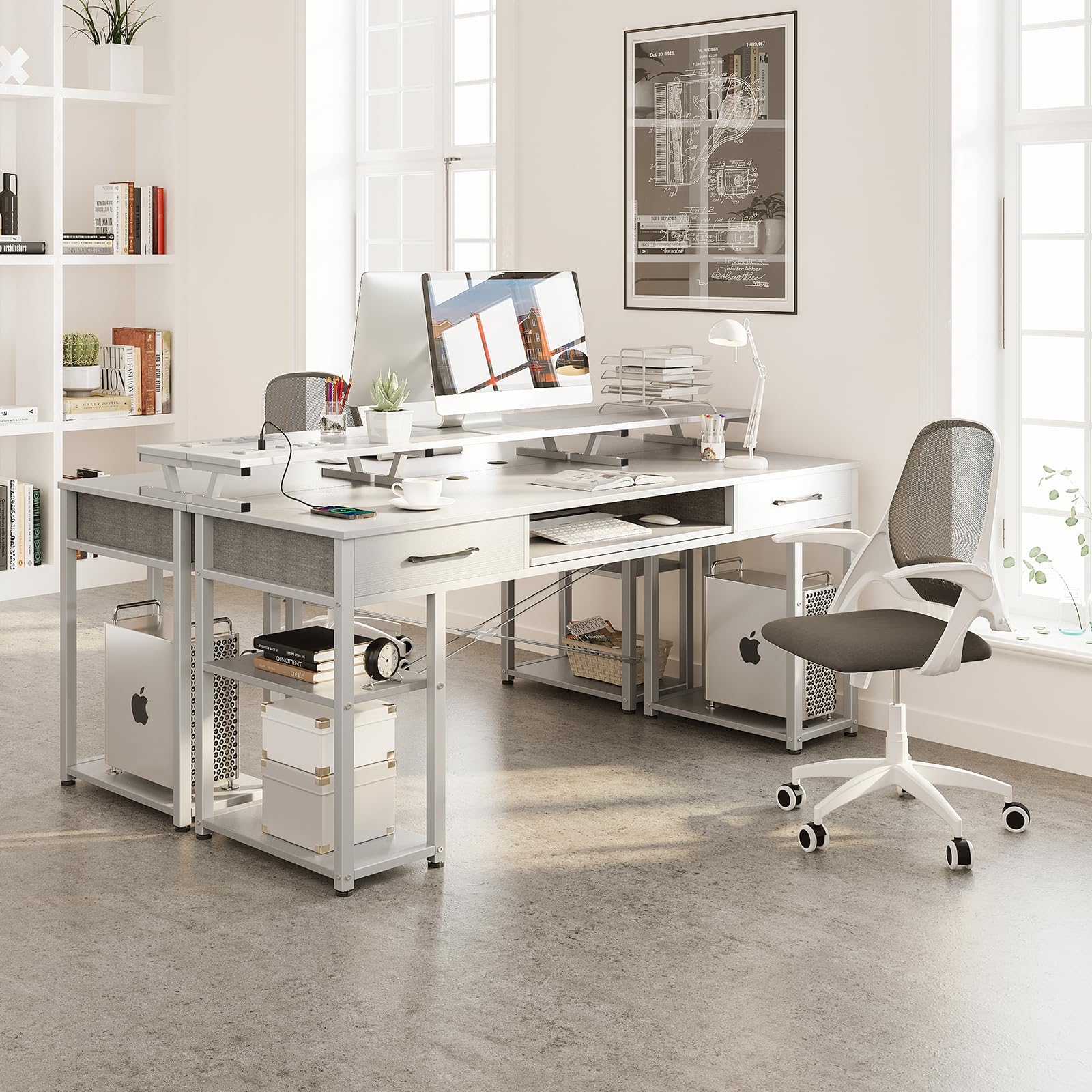 ODK Computer Desk with Drawers, 55 Inch Office Desk with Power Outlet and Keyboard Tray & Storage Shelves & PC Stand, Office Table Work Desk with Monitor Stand, White