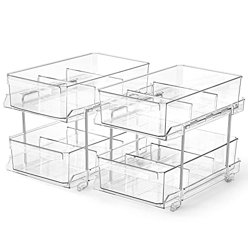 LANDNEOO 2 SET, 2 Tier Clear Organizer with Dividers + Set of 8, Stackable Clear Bins with Removable Dividers - Pantry Food Snack Organization and Storage - Multi-Purpose Plastic Home Organizer