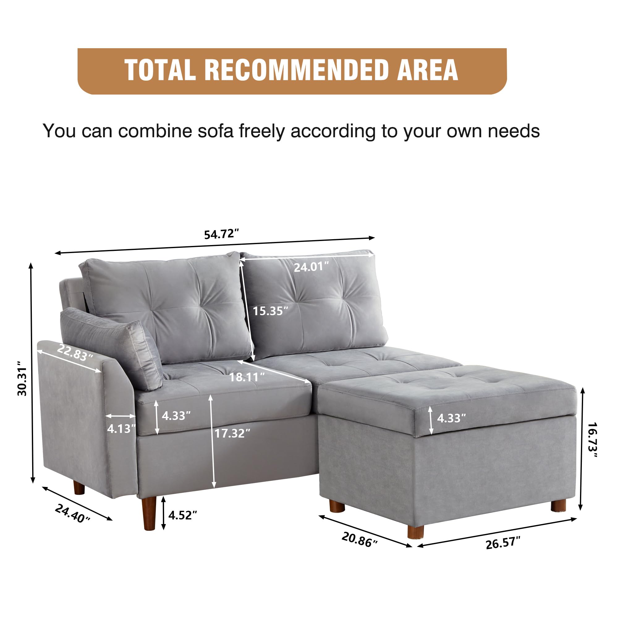 LEVNARY Sectional Sofa Chaise, L-Shaped Loveseat Couch with Storage Ottoman, Velvet Comfy Upholstered Sleeper Sofa Chaise Lounge for Living Room, Office, Apartment, Home (Gray)