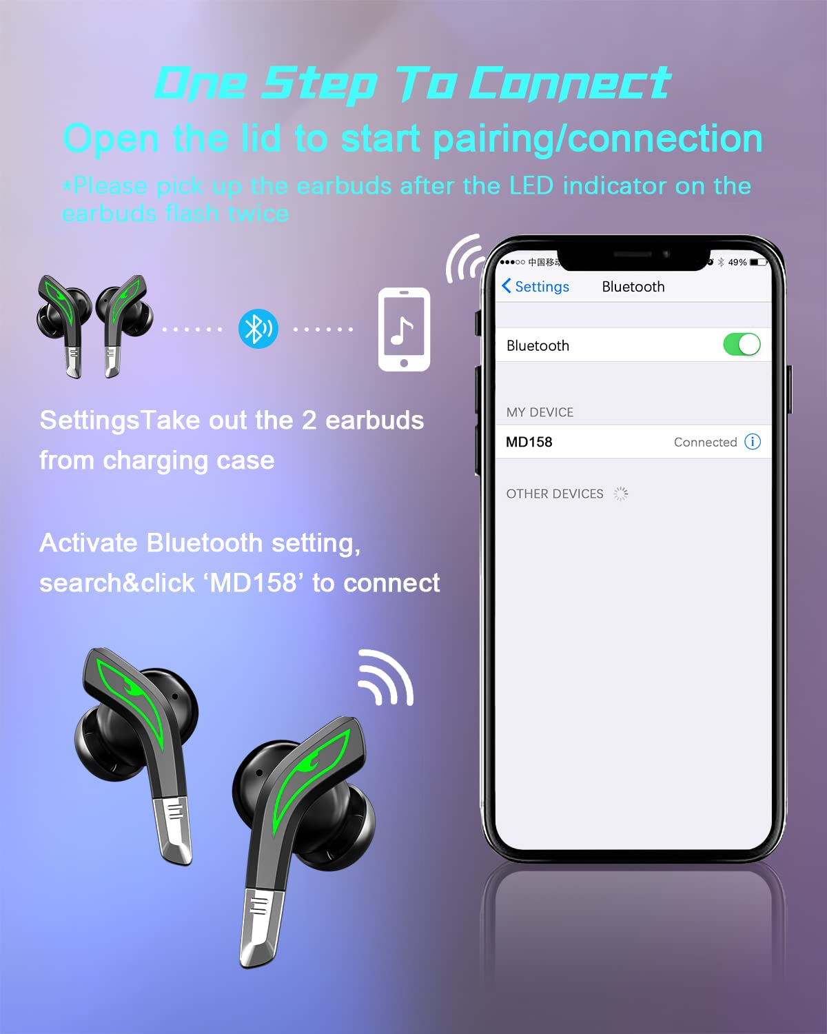 Gaming Earbuds Wireless, Megadream 40ms Low-Latency Gaming Earphones, BT 5.2 Auto Pairing Headsets with LED Light, Mic Noise Cancelling, Music&Game Modes, Touch Enabled Earbuds for Gaming