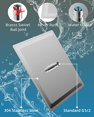 Hibbent All Metal Rain Shower Head, High Pressure 16 Inch Large Rainfall Showerhead, Stainless Steel Square Bathroom Shower Head with Adjustable Brass Ball Joint, Self-cleaning Silicon Nozzle, Chrome