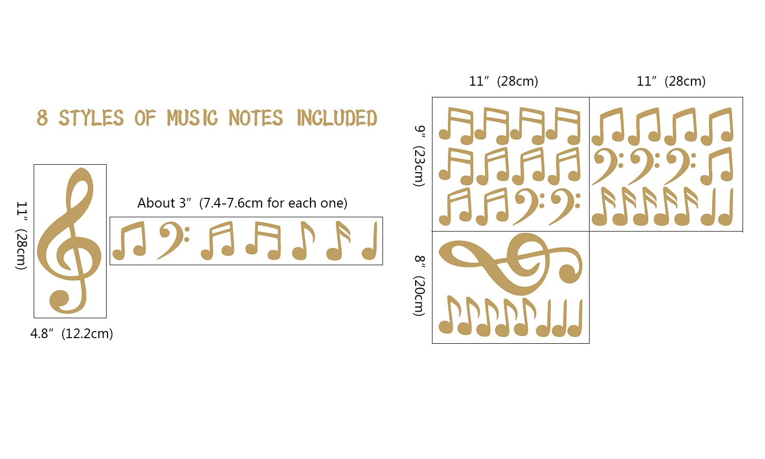 JUEKUI 36pcs Musical Note Wall Decals Creative Music Notes Removable Vinyl Wall Stickers for Classroom Kids Room Music Studio Decoration W141 (Gold)