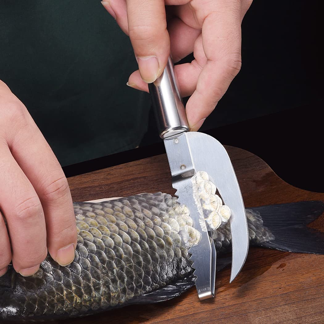Fish Scale Knife Cut Scrape Dig 3-in-1 Tool, Stainless Steel Fish Scaler Remover, Fish Peeler Open Belly and Dig Out Fish Cleaner Tool Kitchen Accessory(1 piece)