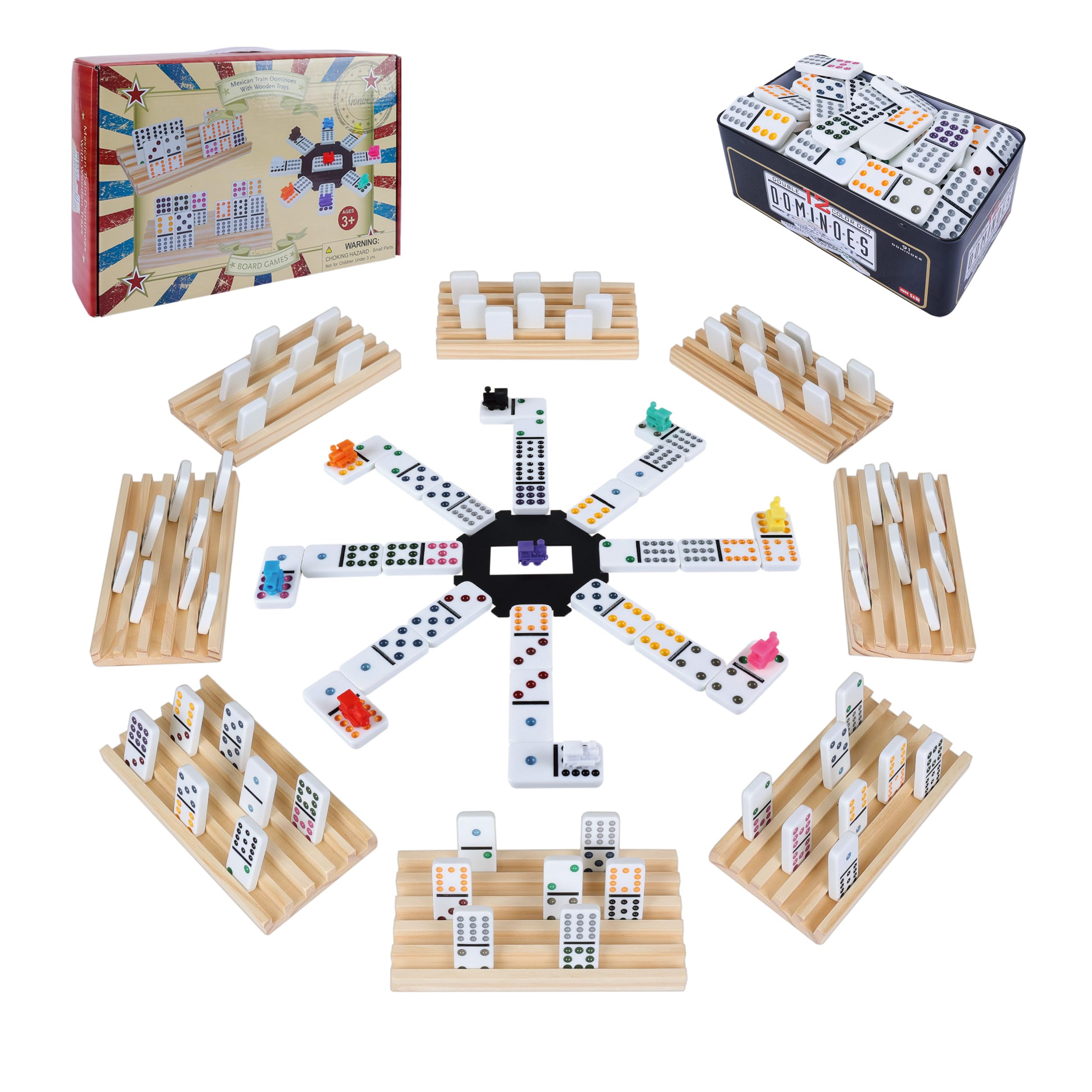 Gonoelec Double 12 Mexican Train Dominoes Set for Adults with 8pcs Wooden Trays, 9 Train Markers, 91 Color Dot Tile Dominos in Tin Box & Hub - Classic Family Board Game Set Party Toy Gift for Kids