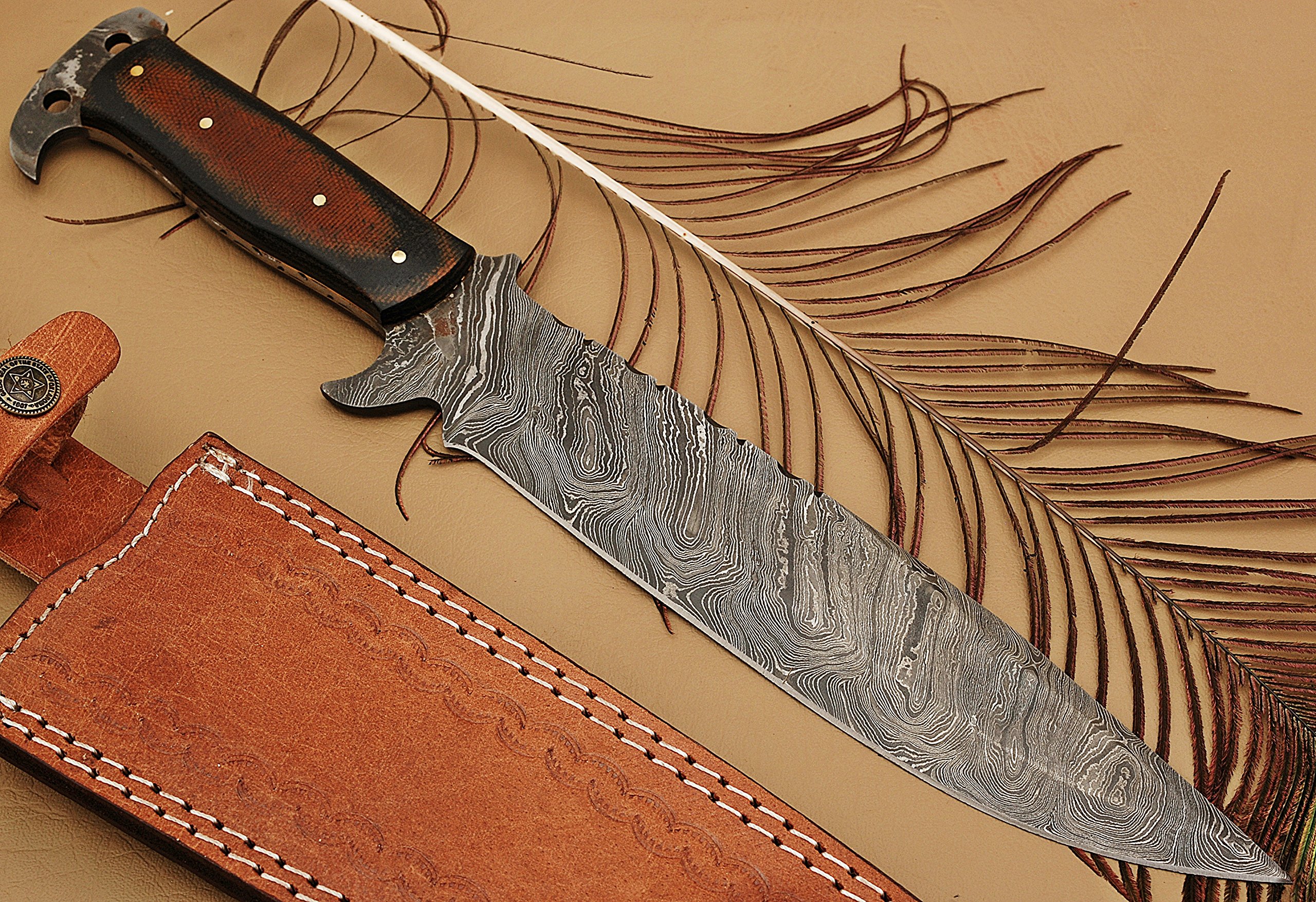 Damascus Hunting Fix Blade Knife | Custom Handmade Outdoor Camping Survival Kitchen Knives, Bowie Chef Knife EDC 18” Makala Wood Handle with Leather Sheath