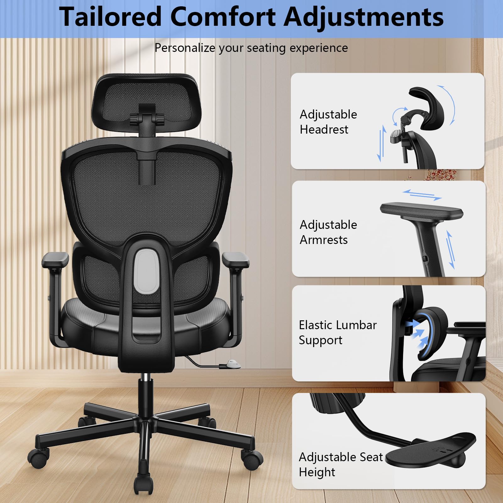 Office Chair, Ergonomic Desk Chair, High Back Desk Chair, Big and Tall Reclining Comfy Home Office Chair with Lumbar Support Breathable Mesh Computer Chair Adjustable Armrests