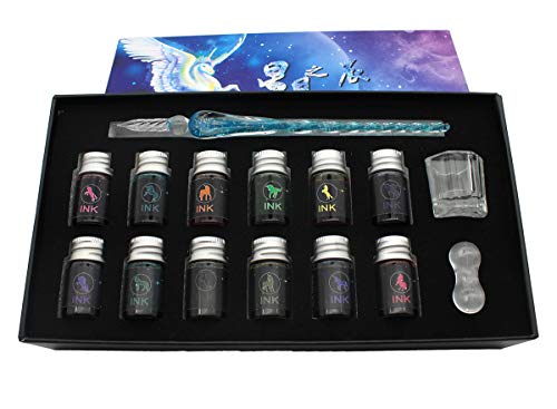 XIAOYU Luminous Glass Dip Pen Ink Set - Crystal Glass Dip Pen with 12 Colorful Inks for Art, Writing, Signatures, Calligraphy - Ice Blue
