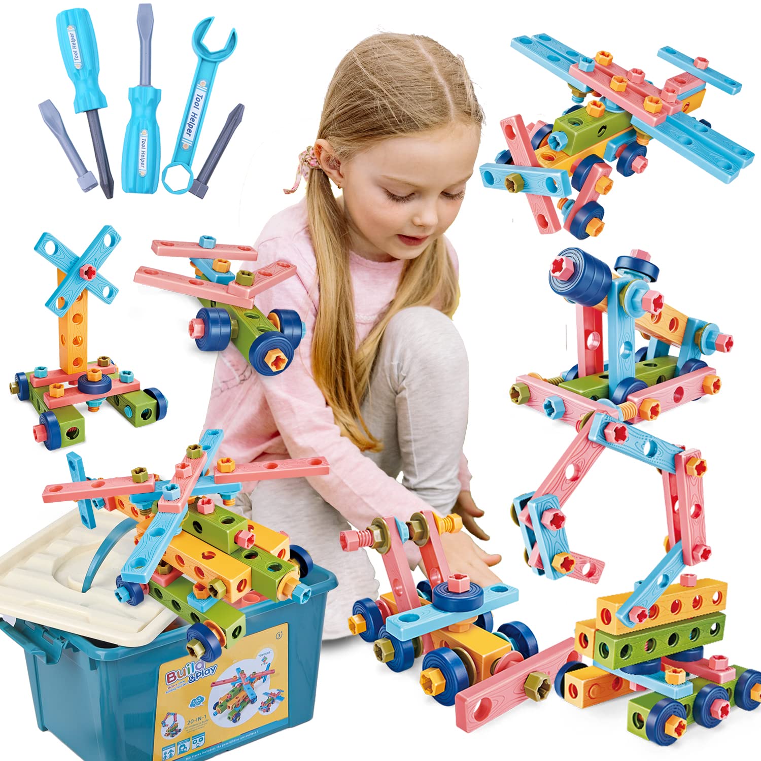Erector Sets for Kids Ages 4-8, Easy Assembled 163 PCS Building Blocks, STEM Games for 4 5 6 7 8 Year Old Girls Boys Kids, Educational Building Toy STEM Kits with Tools, Design Guide, Storage Bin