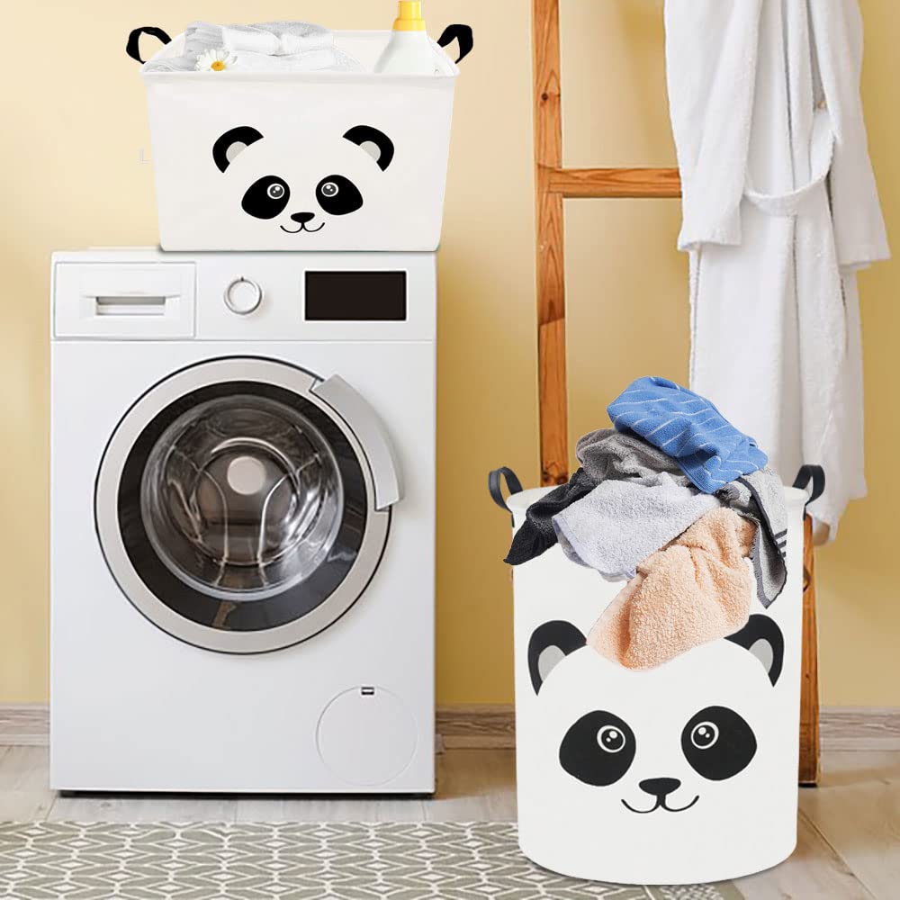 HKEC Rectangle Panda Easter Basket,Storage Basket with Handles, Collapsible Storage Box Cute Canvas Toy Bin for Pet/Kids,Gift Basket,Room Decor(PANDA)
