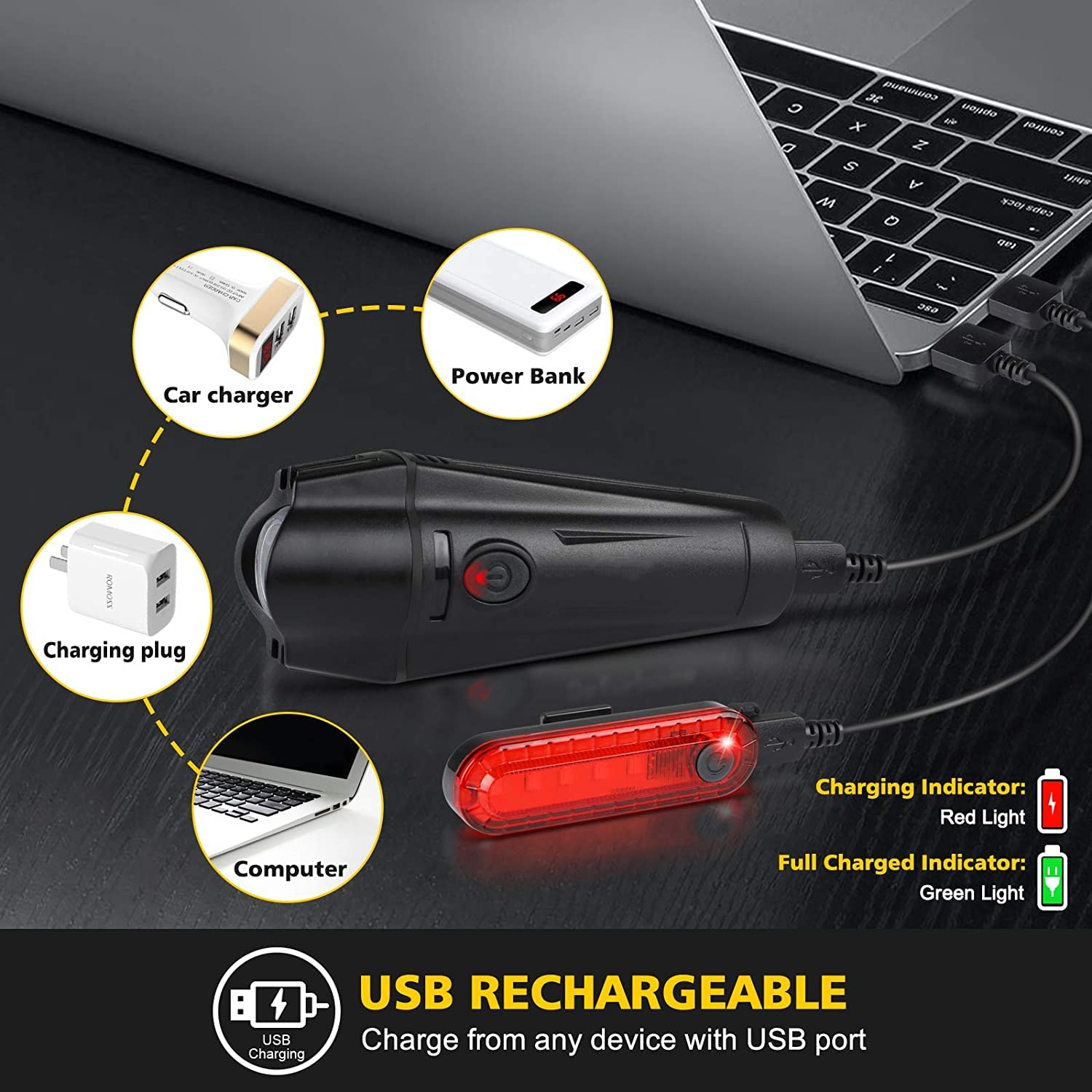 FAGEFACAI Super Bright Bike Light Set, Powerful LED USB Rechargeable Front Headlight and Back Taillight, 2000mah Lithium Battery, Waterproof, 4 Lighting Modes Mountain Road Bicycle Lights