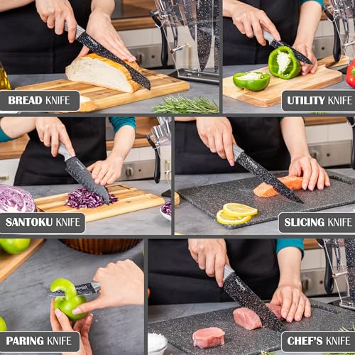 nuovva Professional Kitchen Knife Set with Block - Granite 18 Pcs with Knives Sharpener Peeler and Scissors - Clear Acrylic Block High Carbon Stainless Steel Blades Wood Affect Handle