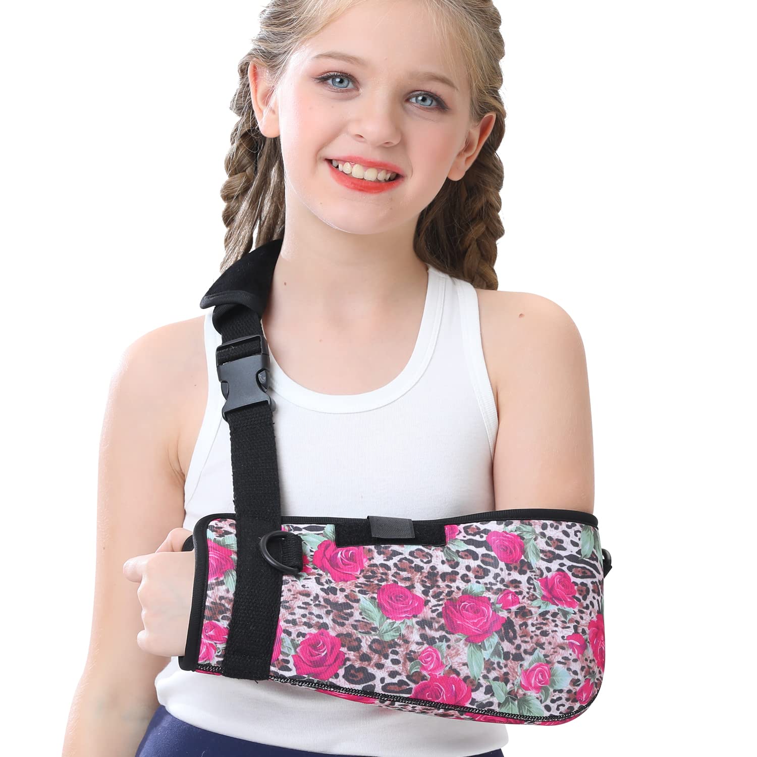 Fotgok Foam Arm Sling Elbow Brace Support with Waist Strap Rotator Cuff Support Shoulder Support Immobilizer for Shoulder Injury for Kids, for Broken, Dislocated, Fracture, Rose Leopard, Large