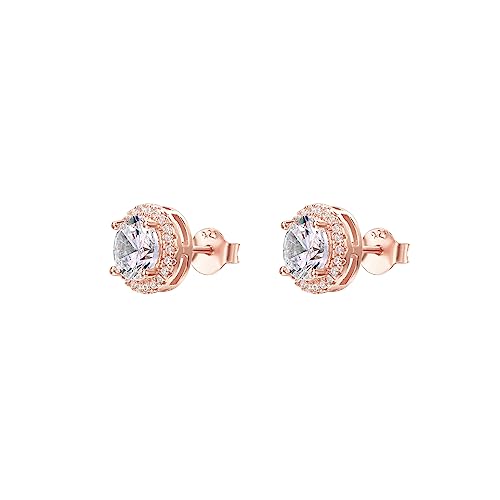 PAVOI 14K Gold Plated Sterling Silver Post Brilliant Round Faux Diamond Halo Earrings - Premium Cubic Zirconia in Rose Gold