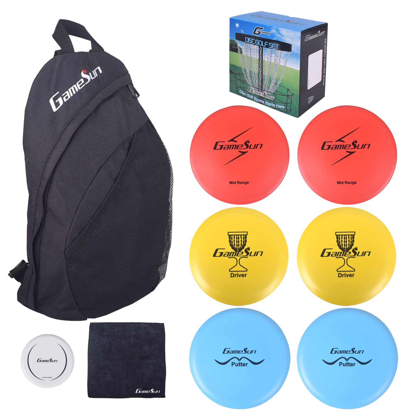 DISC GOLF SET 1pc backpack bag, 2pcs Drivers, 2pcs Mid-Ranges, 2pcs Putters, 1pc Mini Disc Marker, 1pc 12”x12” embroider logo black towel and 1pc gift color box