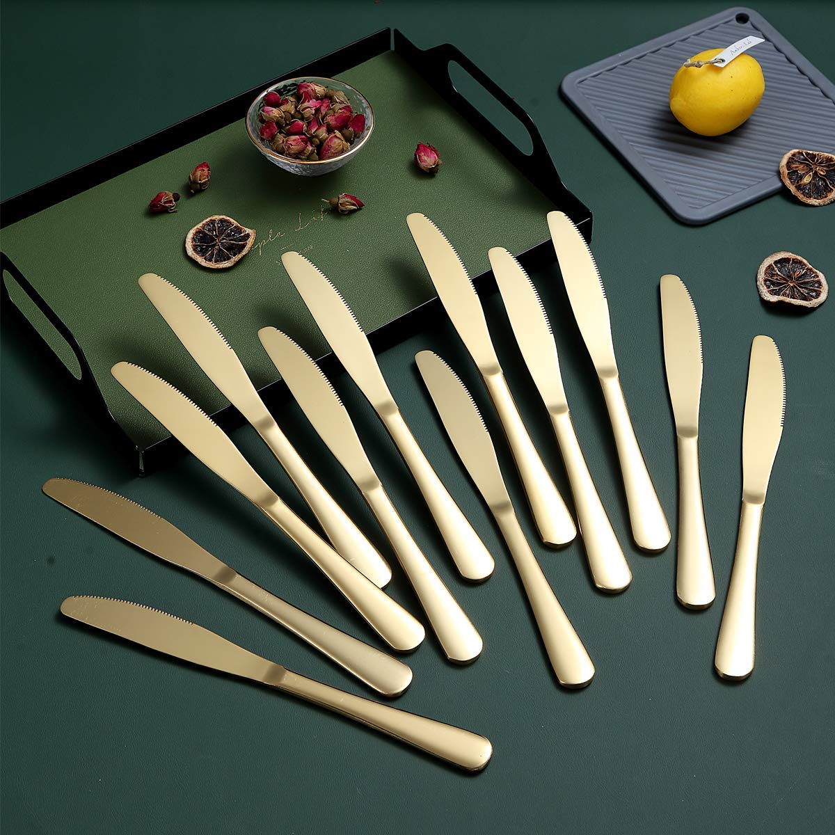 Gold Dinner Knives Set Of 12, Berglander Stainless Steel Titanium Plating Shiny Gold Dinner Knife, Butter Knife Spreader Table Knives Sturdy And Dishwasher Safe