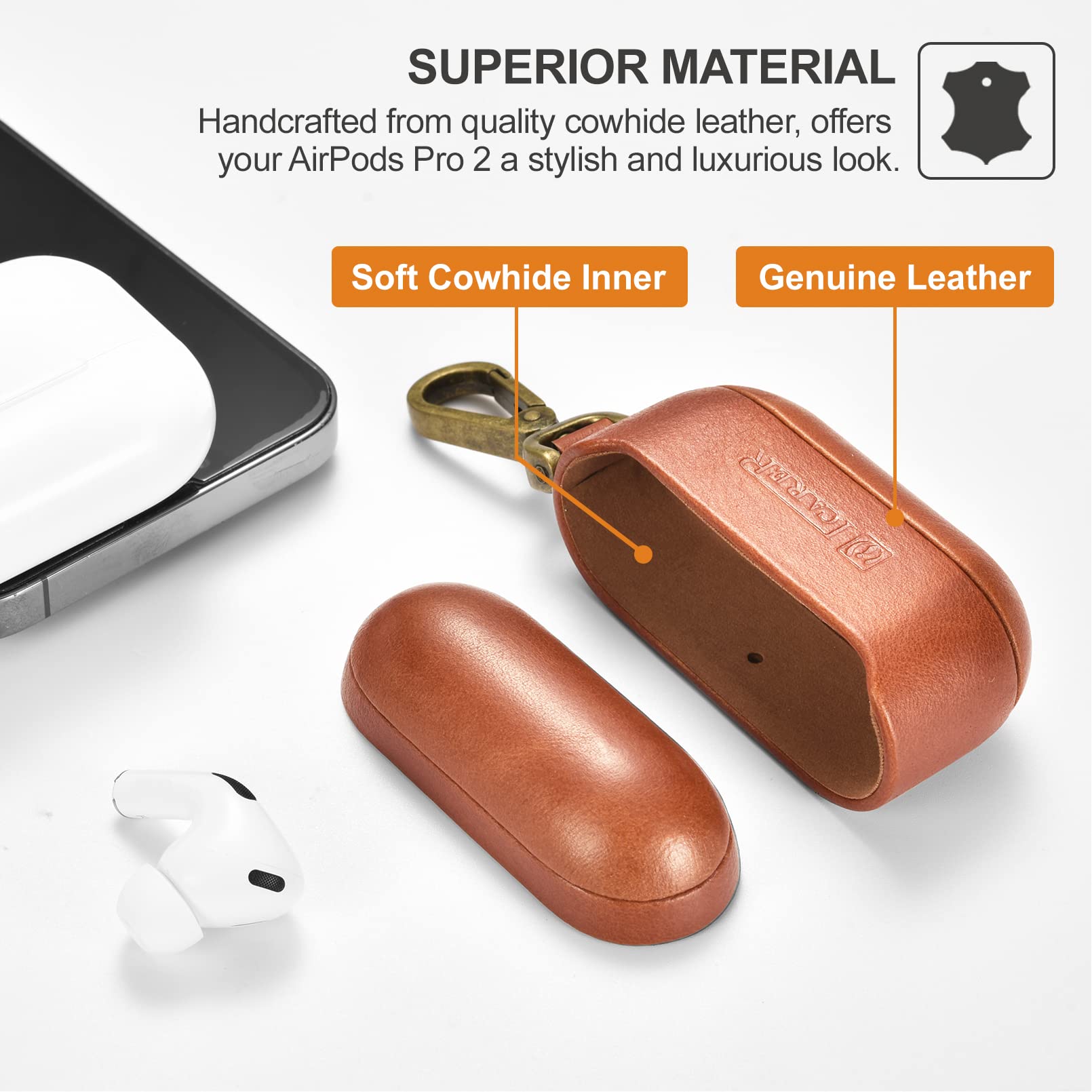 ICARER AirPod Pro 2 Case, Premium Genuine Leather Portable with Metal Keychain Case for AirPod Pro 2nd Generation (Brown)