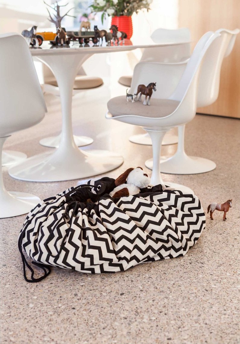 Play Mat and Toy Storage Bag - Durable Floor Activity Organizer Mat - Large Drawstring Portable Container for Kids Toys, Books - 55", Zigzag, Black