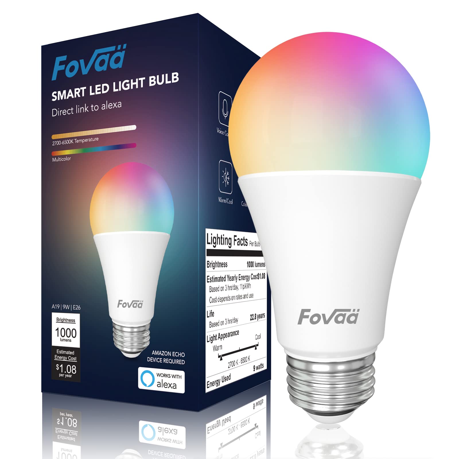 Fovaa Smart Light Bulbs, Color Changing Alexa Light Bulb Bluetooth Mesh LED Bulbs, Smart Bulbs That Work with Alexa Only, Dimmable LED Light Bulb A19 E26, Require Alexa Echo, RGBWW 9W 1000LM(1Pack)