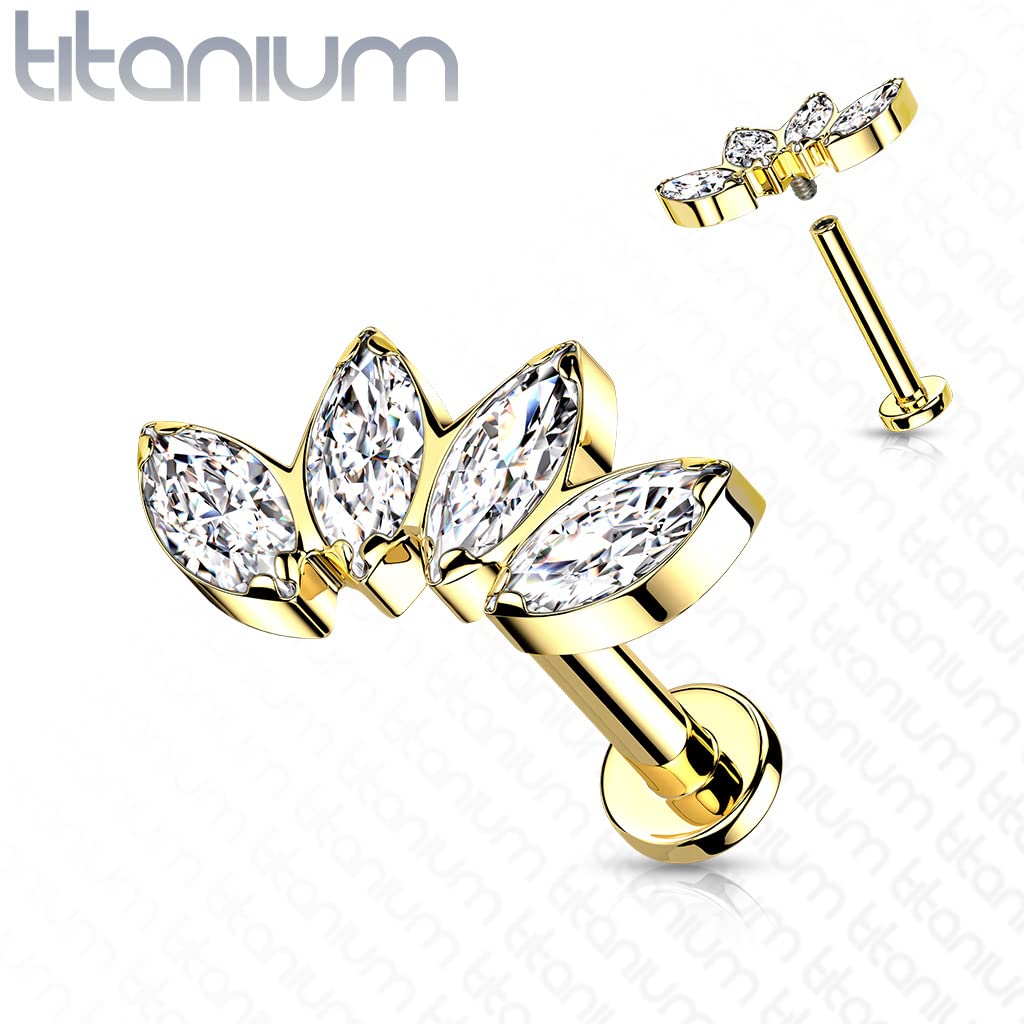 Dynamique Implant Grade Titanium Internally Threaded 4 Marquise CZ Fan Labret, Flat Back Studs for Ear Cartialge, Chin and More (Sold Per Piece)