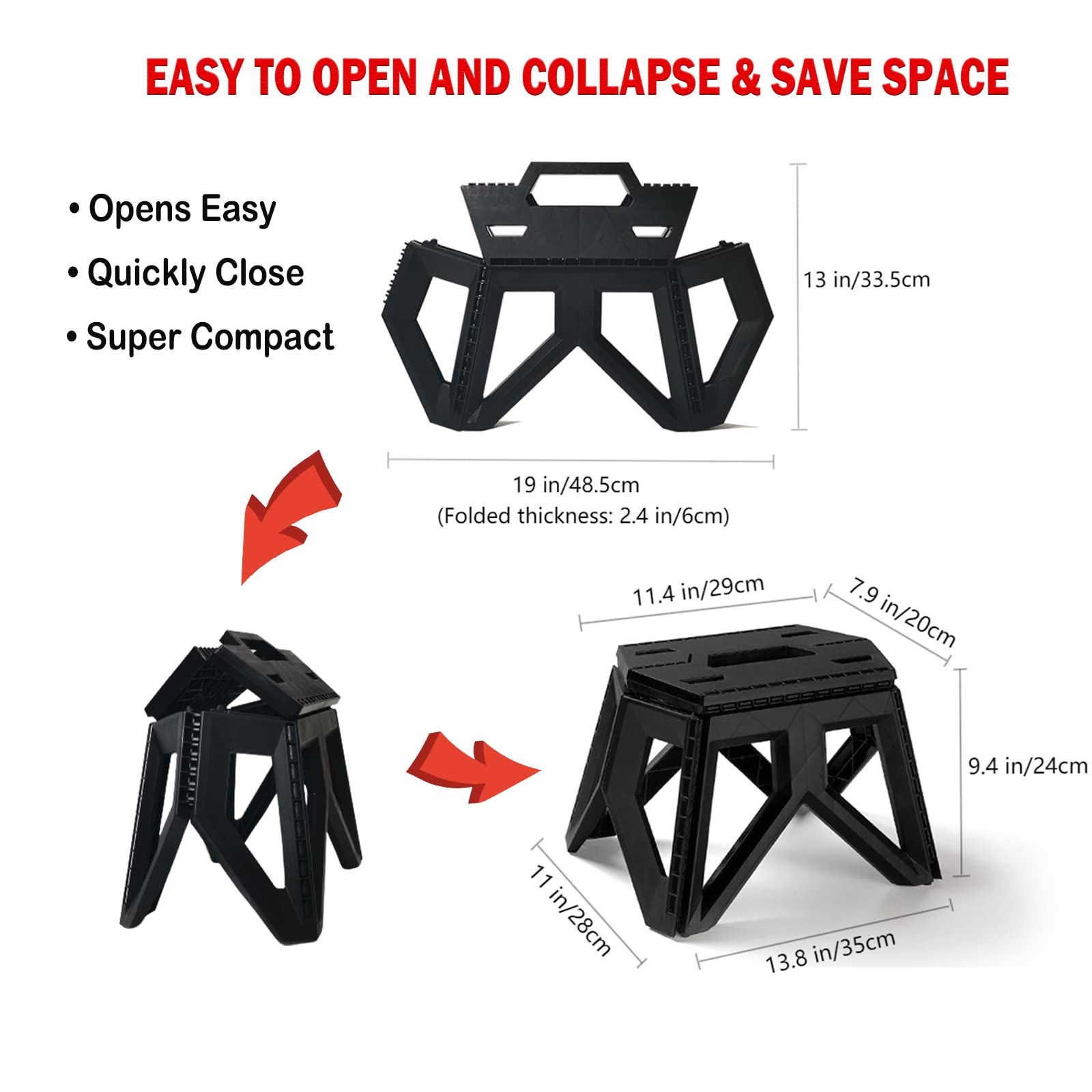 FFUWERG Folding Stool Collapsible Stool Camping Stool Foldable Stool Premium Heavy Duty Plastic Portable Chairs for Adults Fishing Hiking Outdoor Gardening Kitchen Lightweight Non-Slip Stool Black