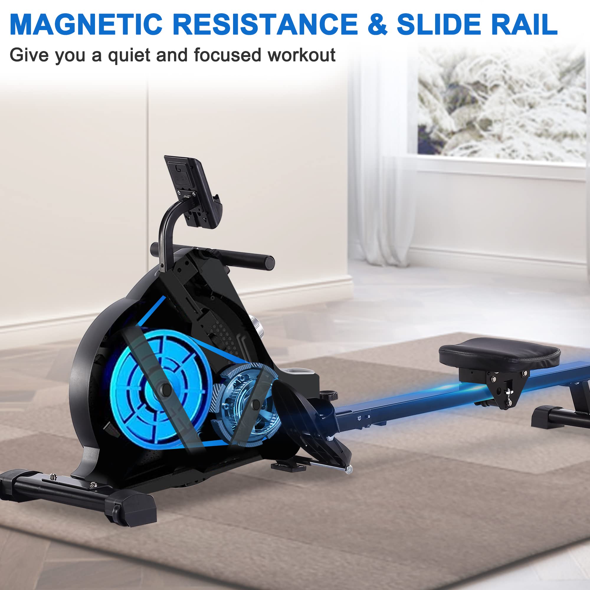 ECHANFIT Magnetic Rowing Machine with Bluetooth Fitness App for Home Use, Foldable Rower 350 LB Max Weight Capacity with LCD Monitor for Full Body Workout