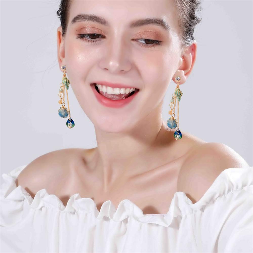 DAMLENG Sparkly Bohemia Long Tassel Blue Ocean Shell Dangle Earrings Shine Rhinestone Scallop Beach Earrings for Women Charm Statement Colorful Crystal Jewelry (Blue)