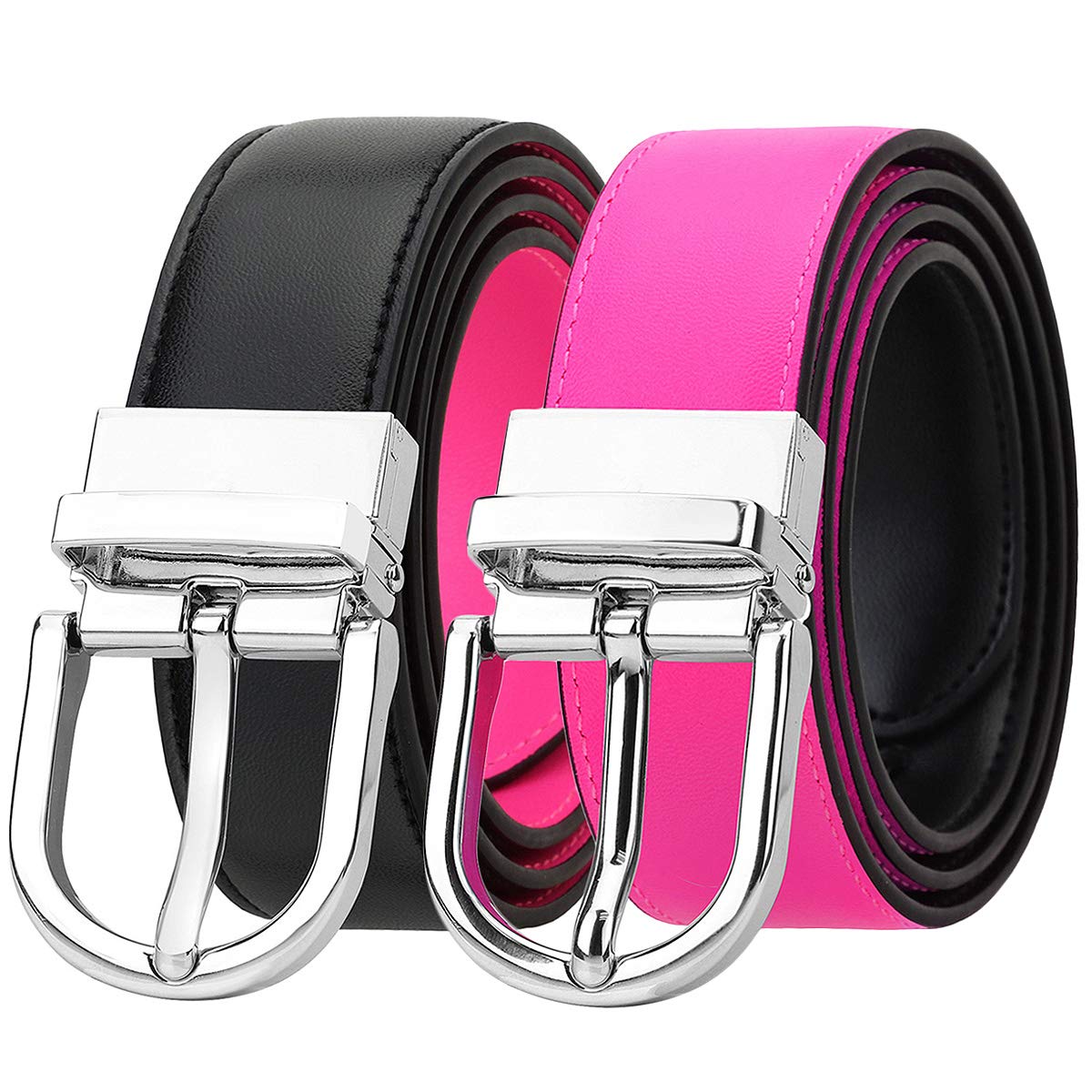 Falari Women Reversible Belt Genuine Leather Fashion Dress Belt With Single Prong Buckle 6027 (Black/Hot Pink, L (fit waist 26-38))