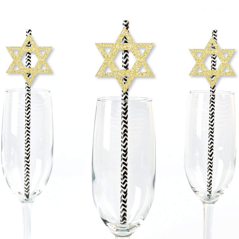 Gold Glitter Star of David Party Straws - No-Mess Real Gold Glitter Cut-Outs & Decorative Hanukkah Paper Straws - Set of 24